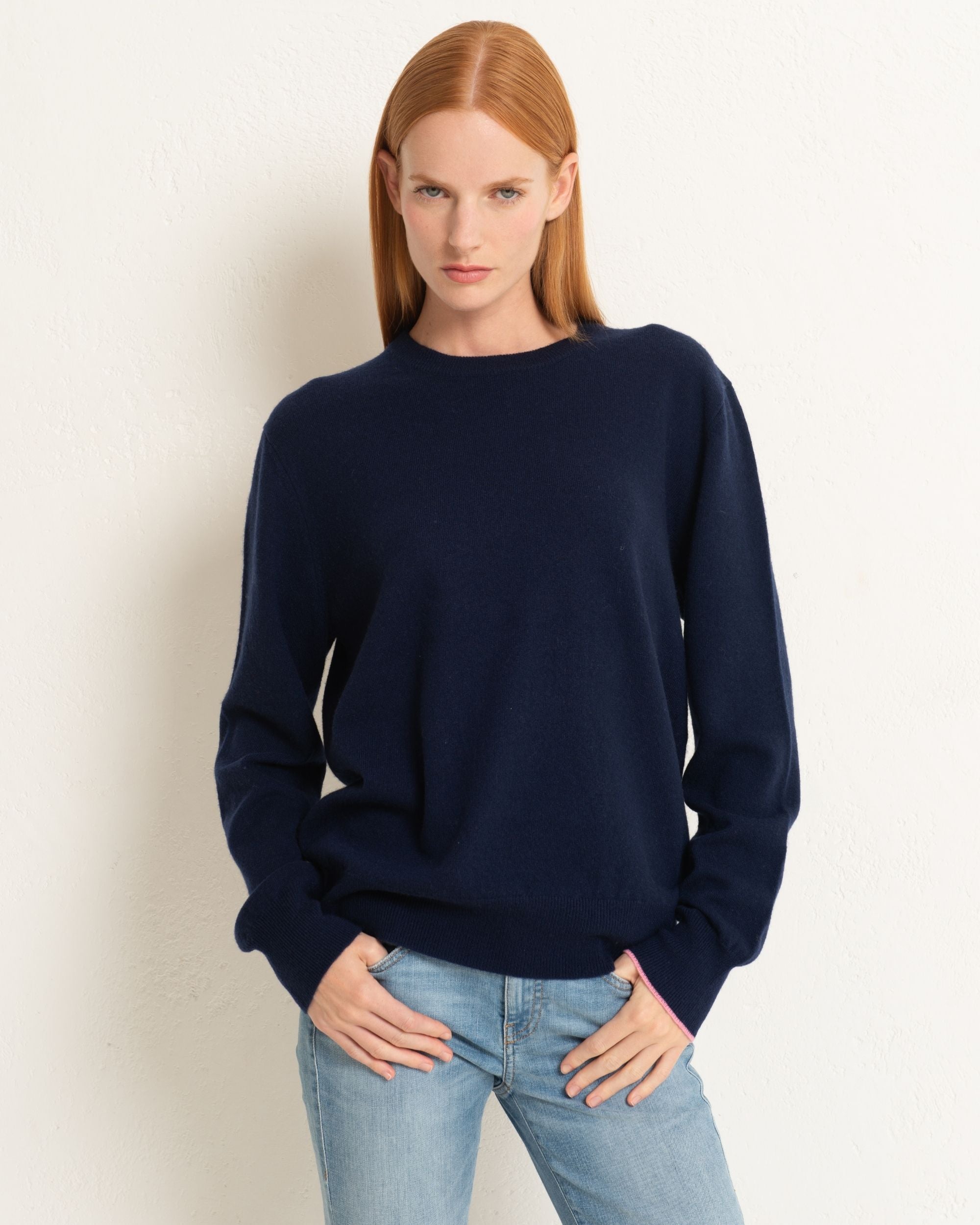 Midnight Blue Cashmere Boyfriend Crew Sweater | Baker Miller Pink Cashmere
