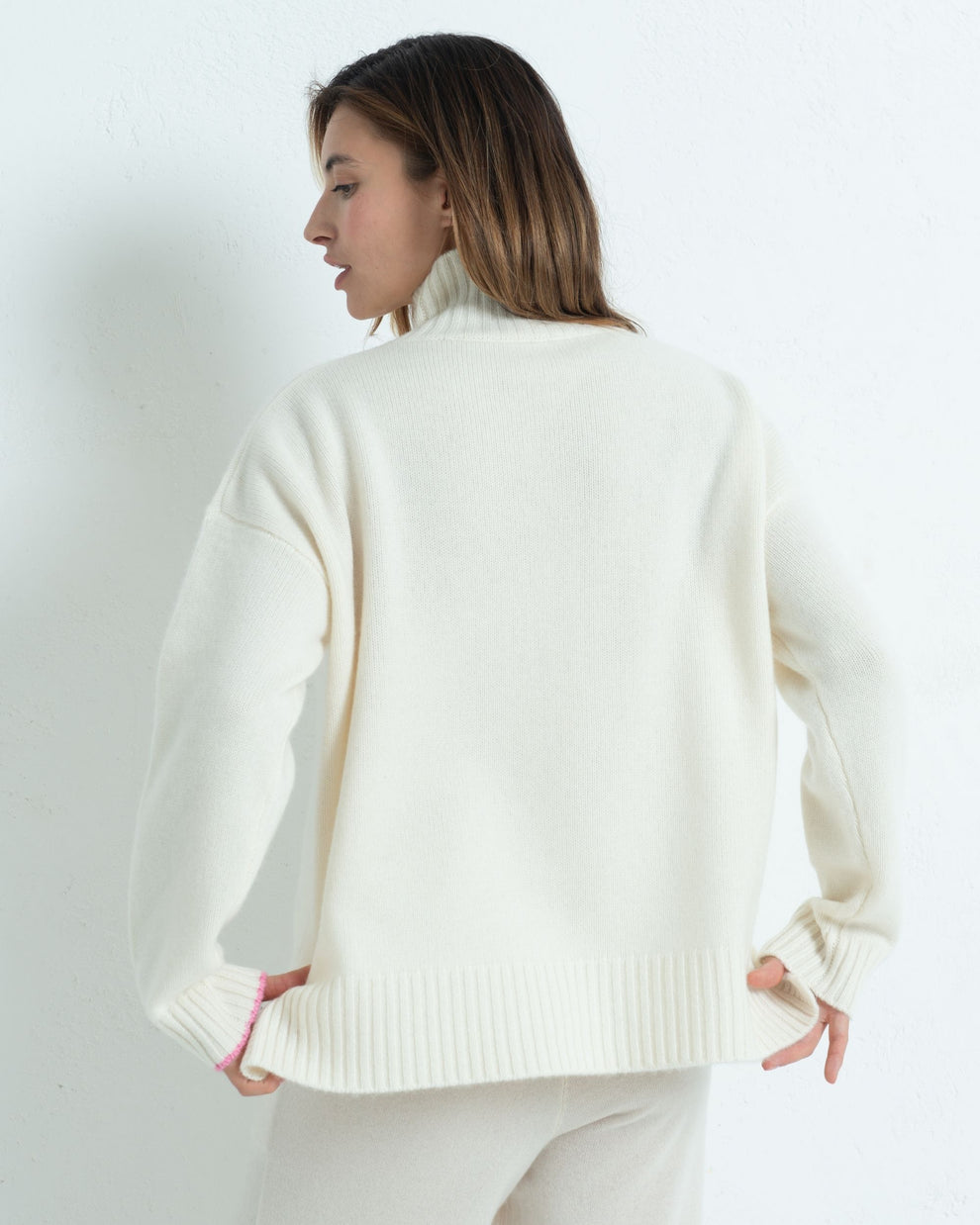 Chalk White Cashmere Funnel Sweater | Baker Miller Pink Cashmere
