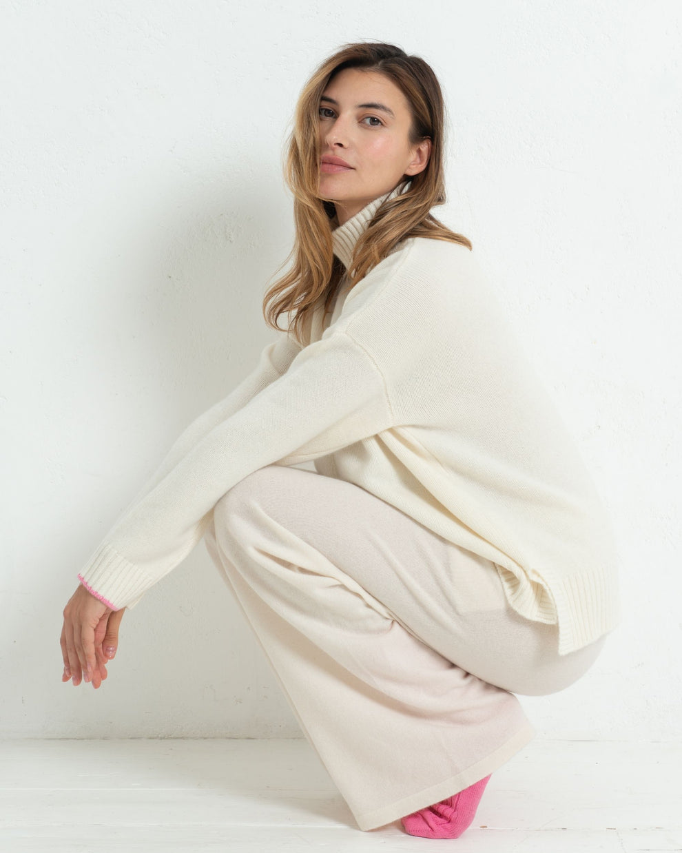 Chalk White Cashmere Funnel Sweater | Baker Miller Pink Cashmere